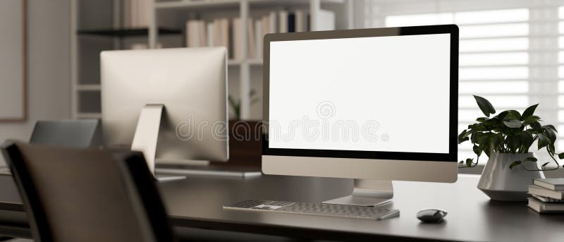 A White-screen PC Computer Mockup on a Desk in a Modern Office Room ...