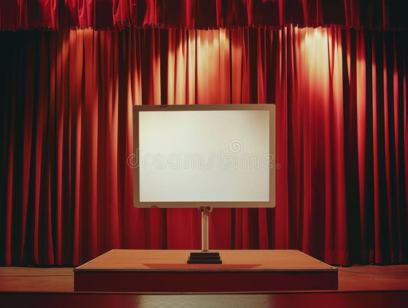 White Screen on Stage with Red Curtains and Wooden Podium Stock Image ...