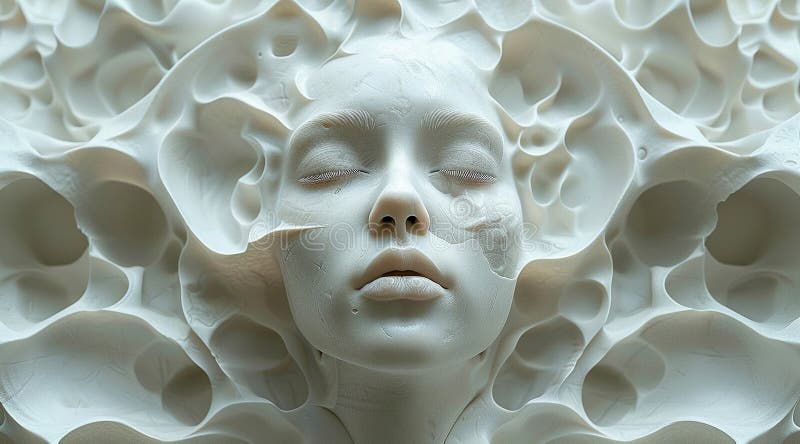 White Sculpture of Woman S Face, White Background with Geometric Shapes ...