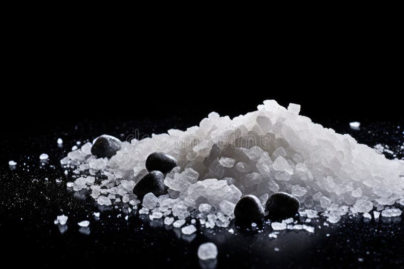 White Sea Salt Spilled Over Black Background with Clear Pebbles ...