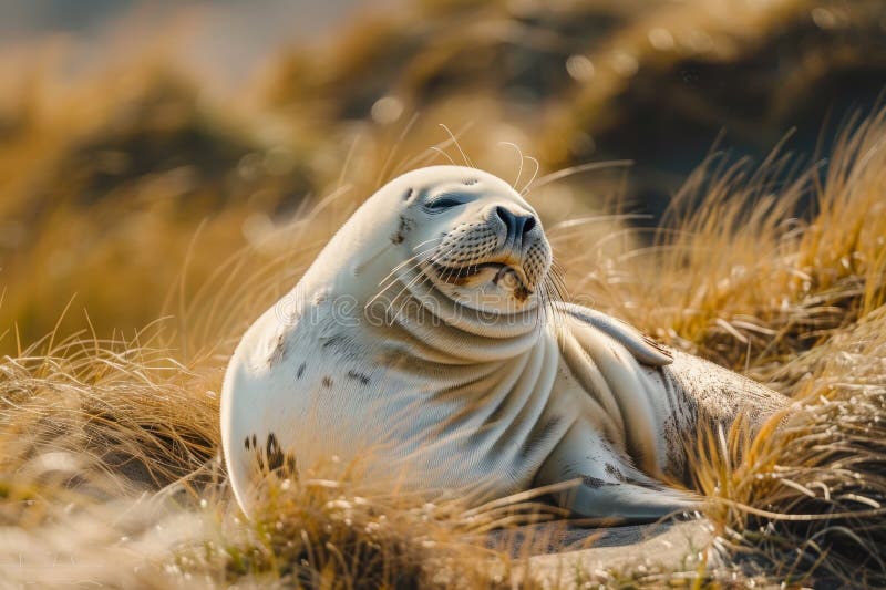 A White Seal is Lying Down on a Grass-covered Field Under the Sun, a ...