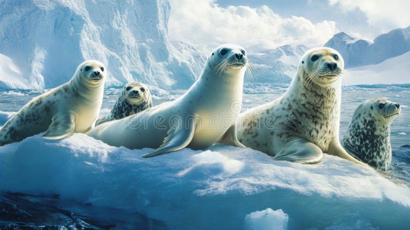 White Seals Resting on Ice Floe in a Blue Ocean Stock Illustration ...