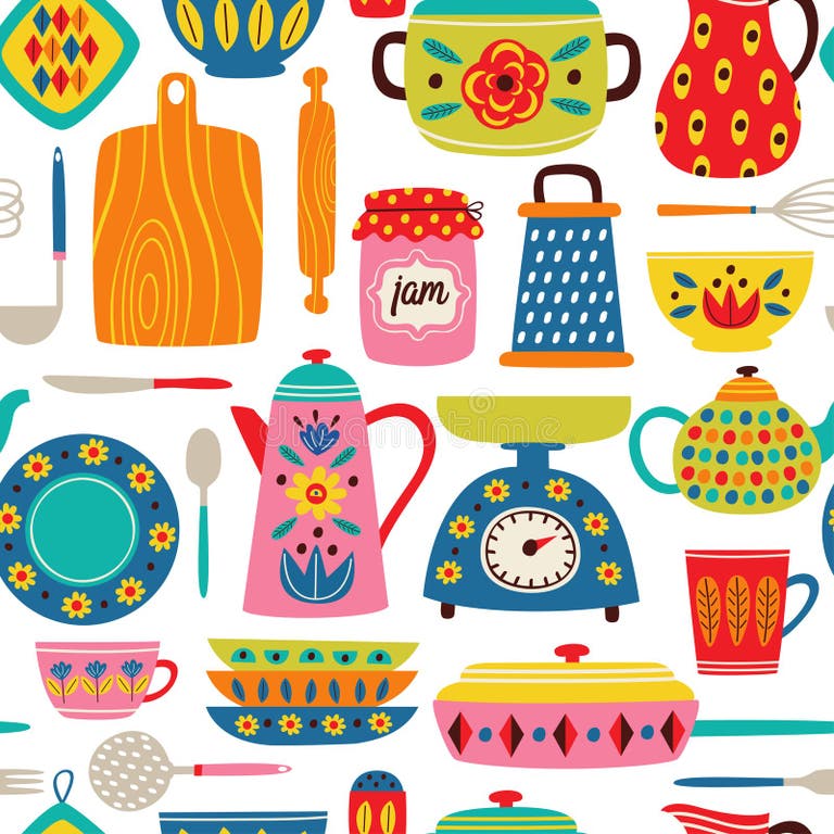 White Seamless Pattern with Vintage Kitchen Stock Vector - Illustration ...