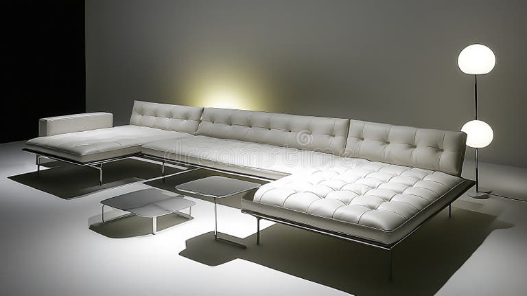 White Sectional Sofa with a Lamp on the Right Side Stock Image - Image ...
