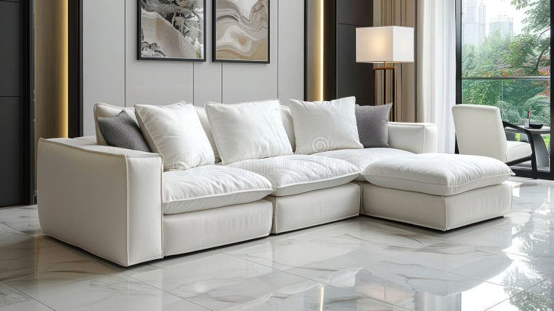 A White Sectional Sofa with Plush Cushions in a Modern Living Room Stock Illustration ...
