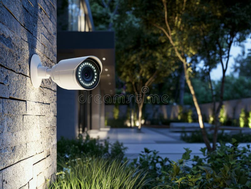 A White Security Camera Mounted on a Stone Wall with a View of a ...