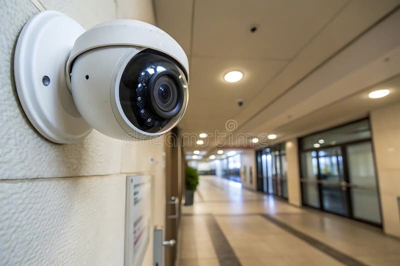 White Security Camera on Textured Wall in Building Hallway with ...