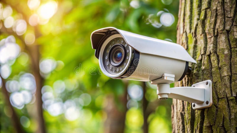 A White Security Camera is Mounted on a Tree Branch with the Camera ...