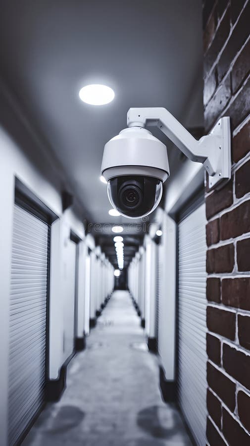 White Security Camera Overlooks Corridor, Multiple Closed Doors Lit by ...