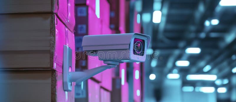 White Security Camera in Pink and Blue Lit Warehouse Stock Illustration ...