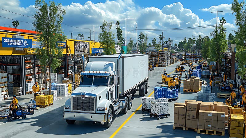 A White Semi-truck Drives through a Busy Warehouse Loading Dock with ...