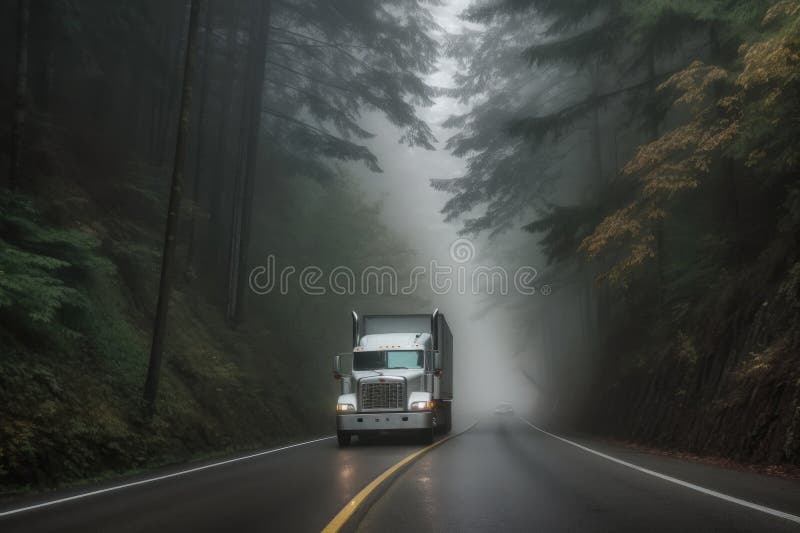 White Semi Truck Driving through a Dense Foggy Forest Stock ... White Semi Truck Driving through a Dense Foggy Forest Stock ...