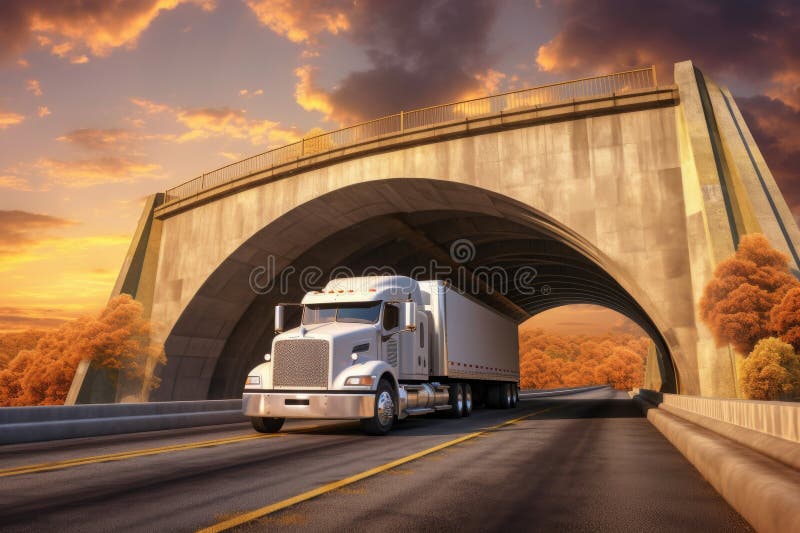 White Semi Truck Driving Over a High, Arched Bridge Stock Illustration ...