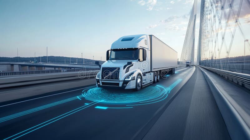 White Semi Truck on Highway Bridge with Blue Tech Lines Representing ...