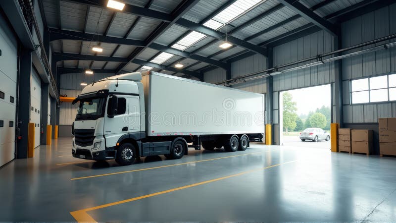 White Semi Truck in Modern Warehouse Loading Dock Stock Illustration ...
