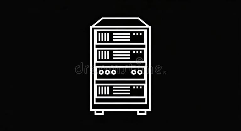 White Server Rack Line Art Icon on Black Background for Technology and ...