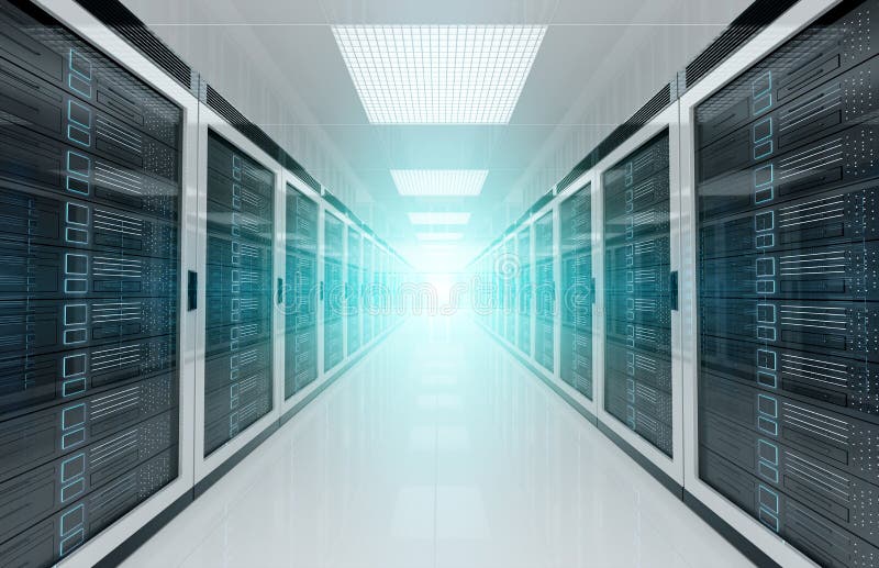 White Servers Data Center Room with Bright Halo Light through the ...