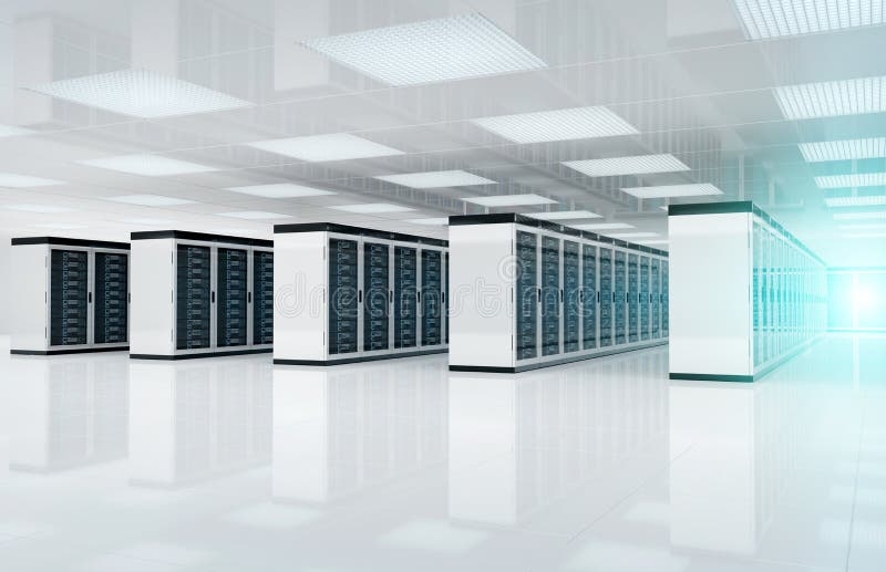White Servers Data Center Room with Bright Halo Light through the ...