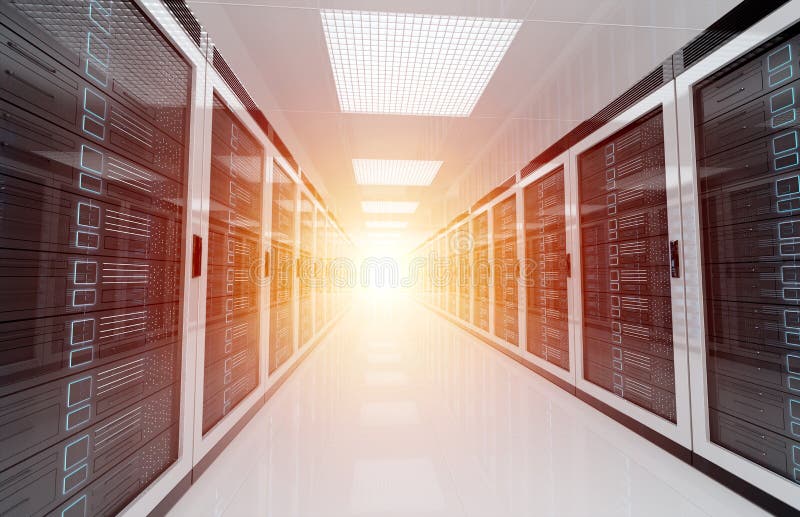 White Servers Data Center Room with Bright Halo Light through the ...