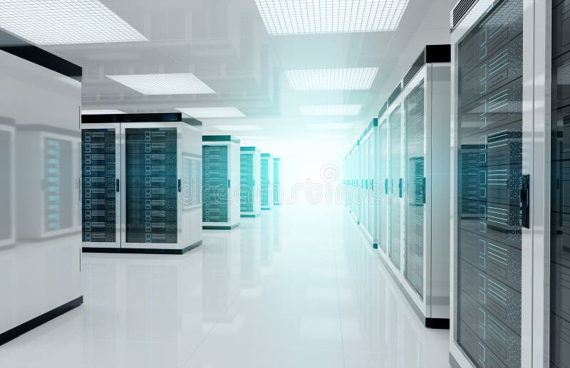 White Servers Data Center Room with Bright Halo Light through the ...