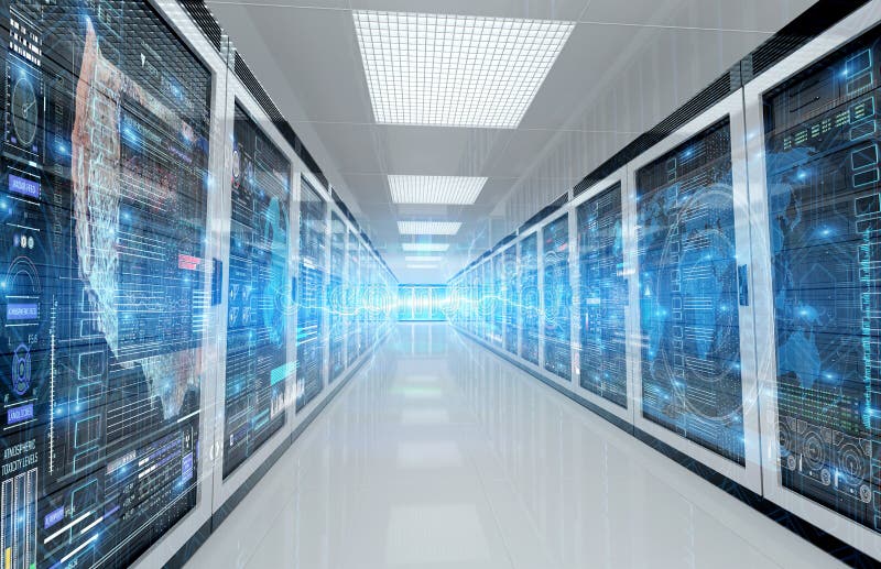 Servers Data Center Room with Storage Systems and Digital Graphs and ...