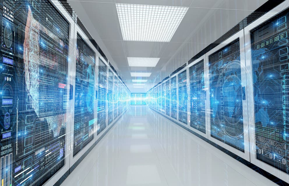 Servers Data Center Room with Storage Systems and Digital Graphs and ...