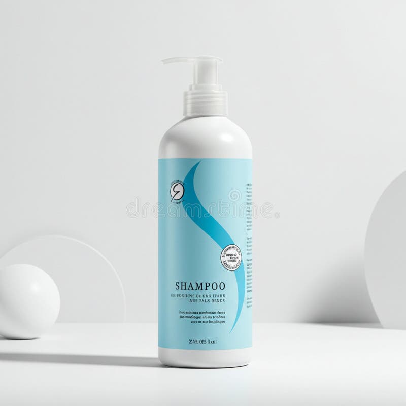 White Shampoo Bottle with a Light Blue Label, Featuring a Stylized Wave ...
