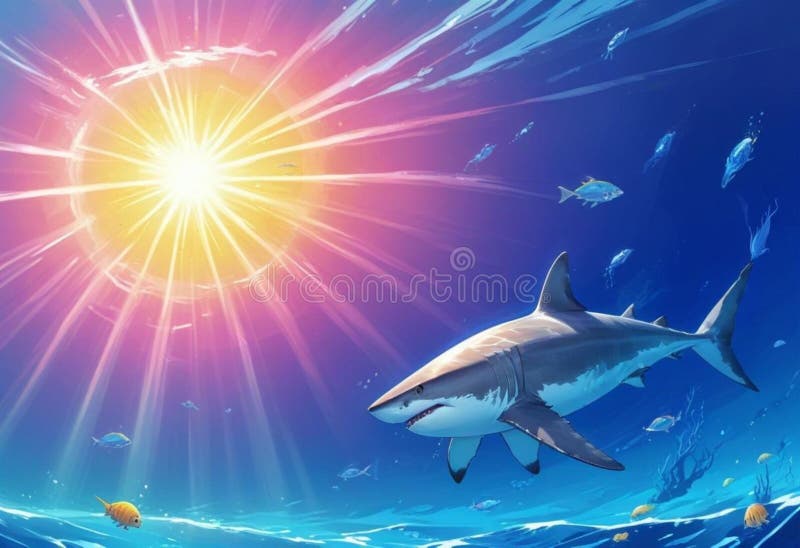 A White Shark Swimming in a Blue Ocean with Bright Sun in the ...