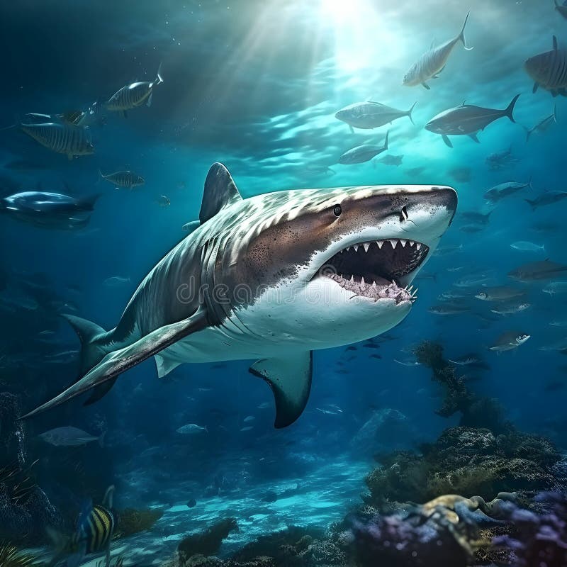 White shark under ocean stock illustration. Illustration of underwater ...