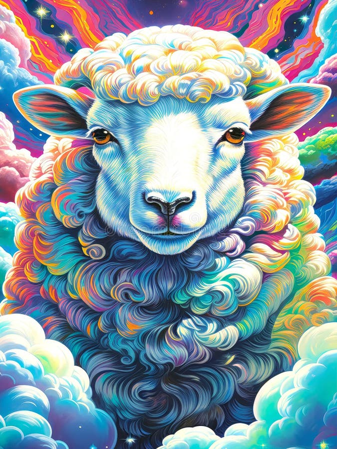 White Sheep with Distinctive Curly Wool on the Backdrop of Colorful Sky ...