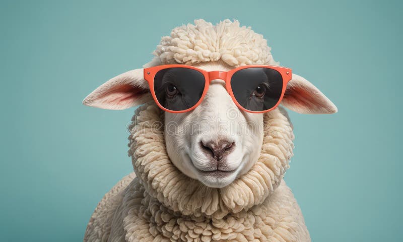 White Sheep with Fluffy Coat and Orange Sunglasses Gazes Directly at ...