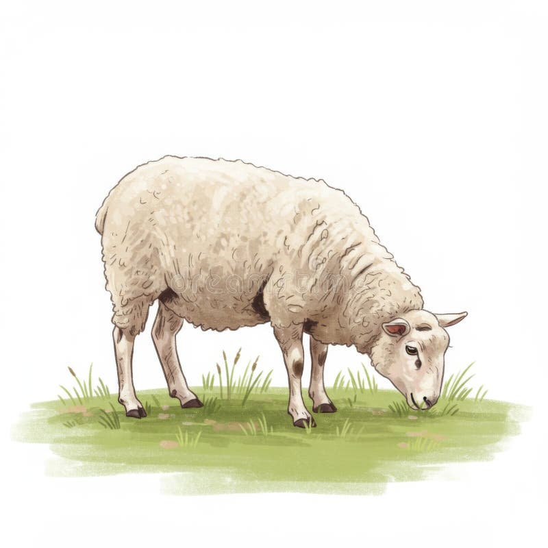 White Sheep Grazing in Green Pasture Stock Illustration - Illustration ...