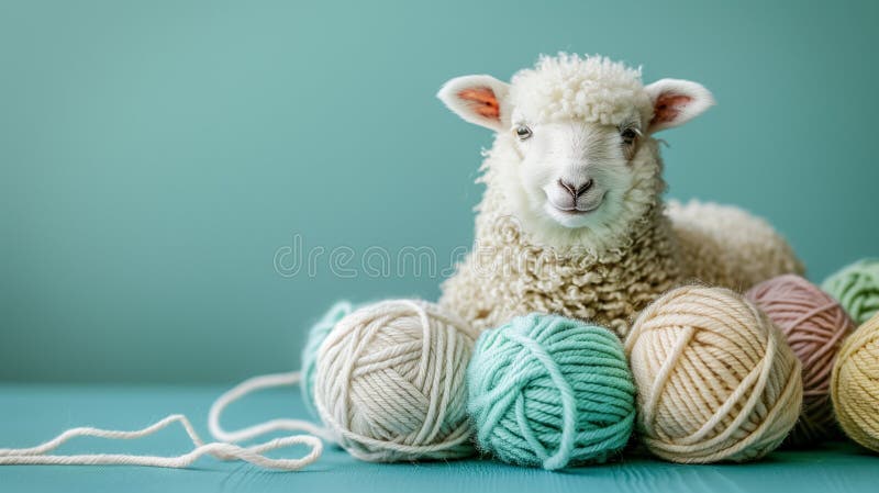 White Sheep with Knitting Yarn Balls on a Light Green Backdrop Stock ...