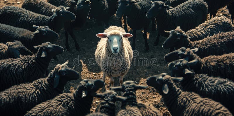 A White Sheep Standing in a Circle of Black Sheeps Stock Illustration ...