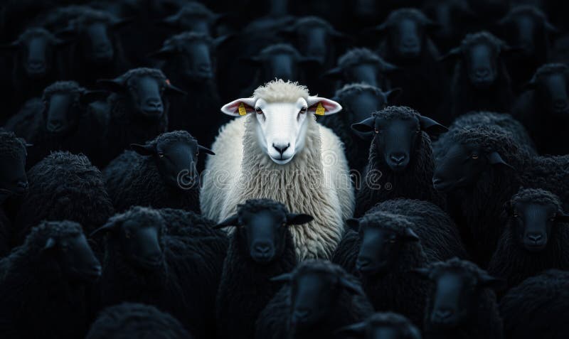 White Sheep Standing Out among a Crowd of Black Sheep in a Dramatic ...