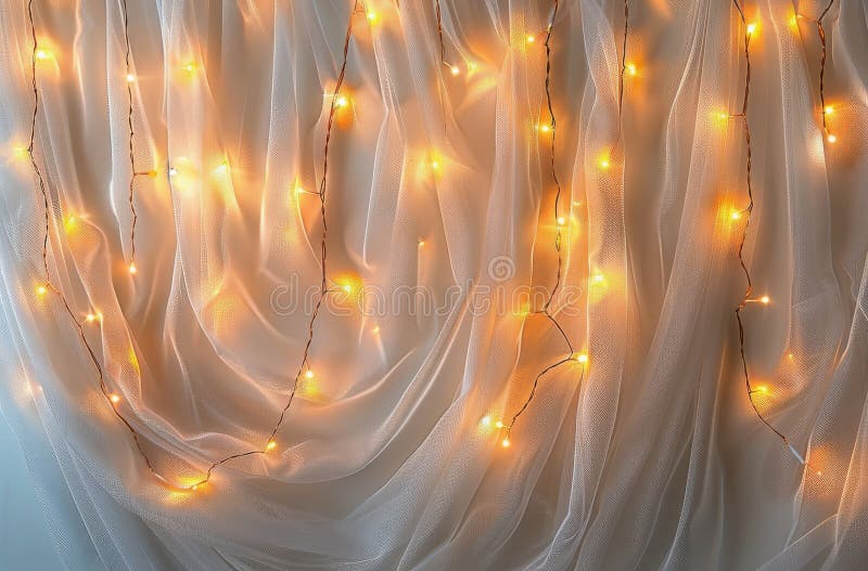 White Sheer Curtains with Warm White String Lights in Indoor Setting ...