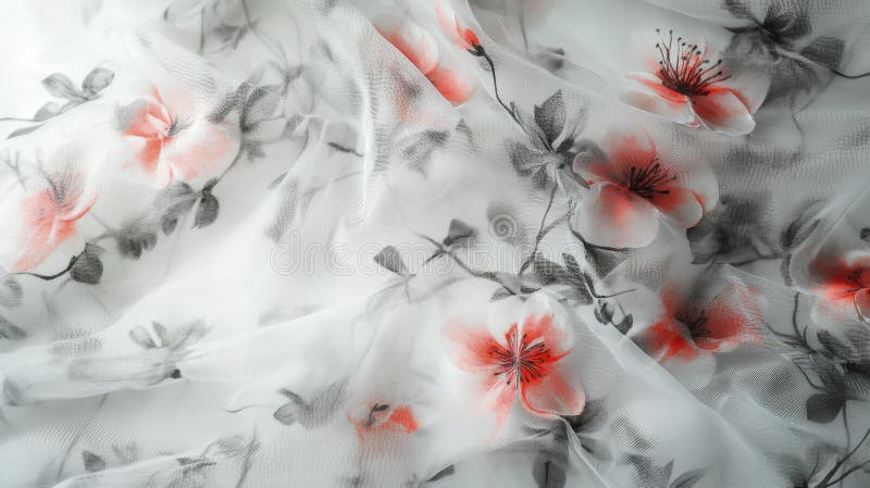 Delicate White Sheer Fabric with Red and Gray Floral Pattern Stock ...