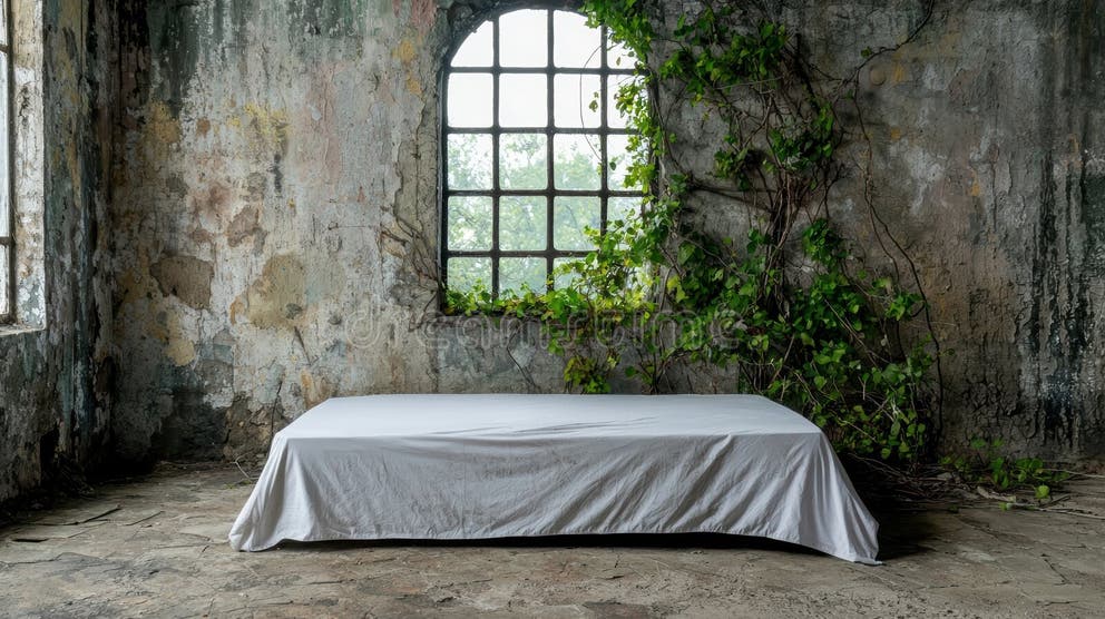 White Sheet Draped Over a Bed in a Dilapidated Room Stock Illustration ...