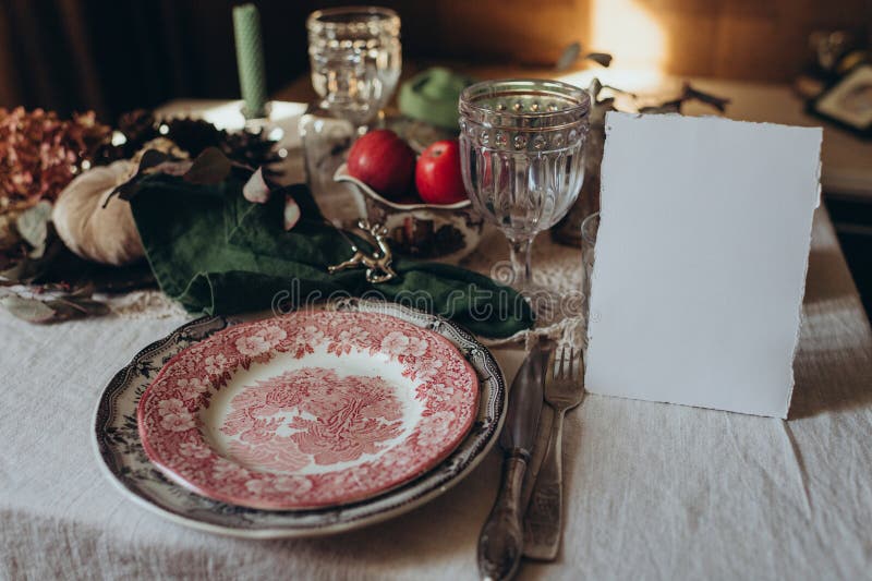 White Sheet of Paper on a Set Table, Card Mockup on a Table Decorated ...