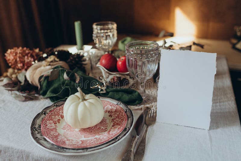 White Sheet of Paper on a Set Table, Card Mockup on a Table Decorated ...