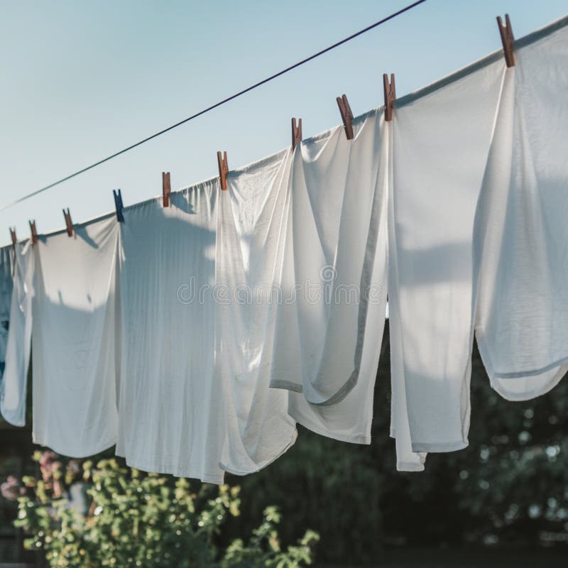 White Sheets on Clothesline Against Clear Sky, Greenery in Background ...