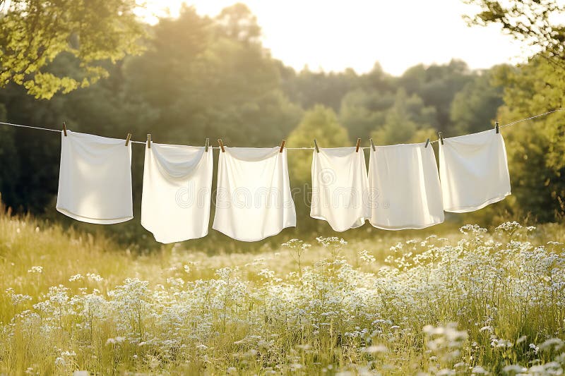 White Sheets Drying in a Meadow Stock Illustration - Illustration of ...