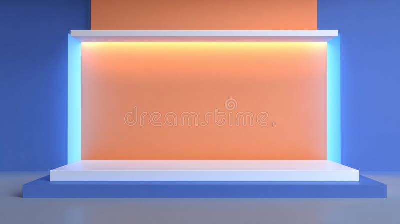 White Shelf Illuminated by Blue and Orange LED Lights Against a Dark ...