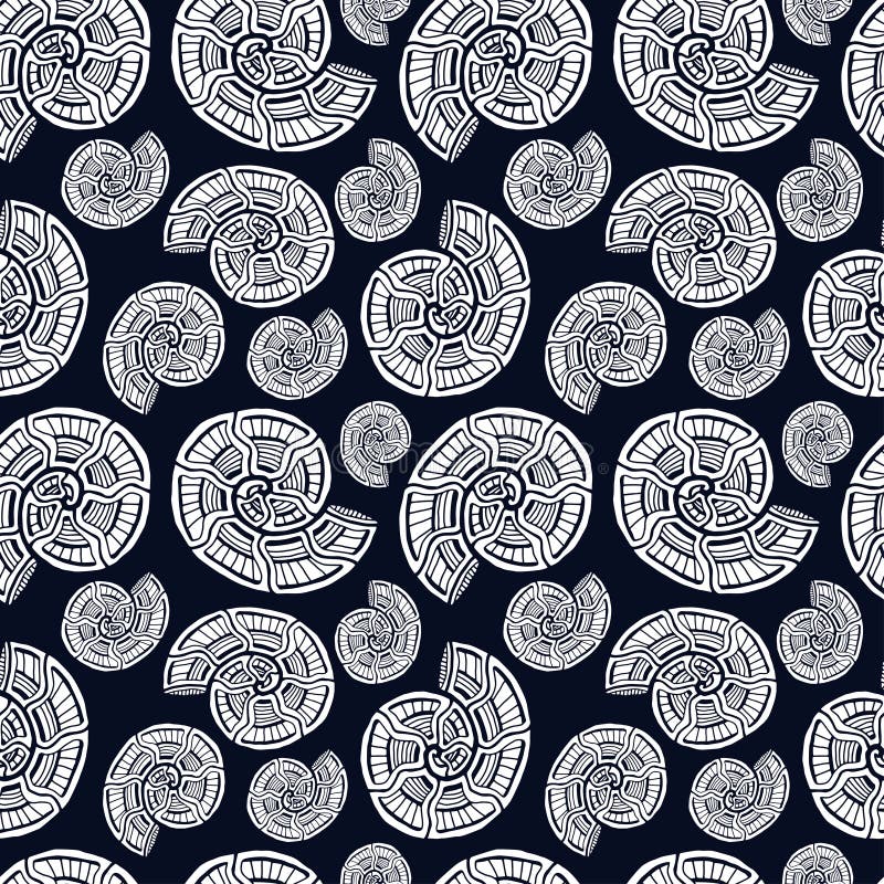 White Shells Seamless Pattern on Dark Background. Spiral Seashells ...