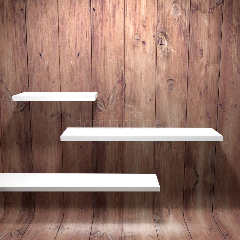 White Shelves with Wooden Wall Stock Illustration - Illustration of ...