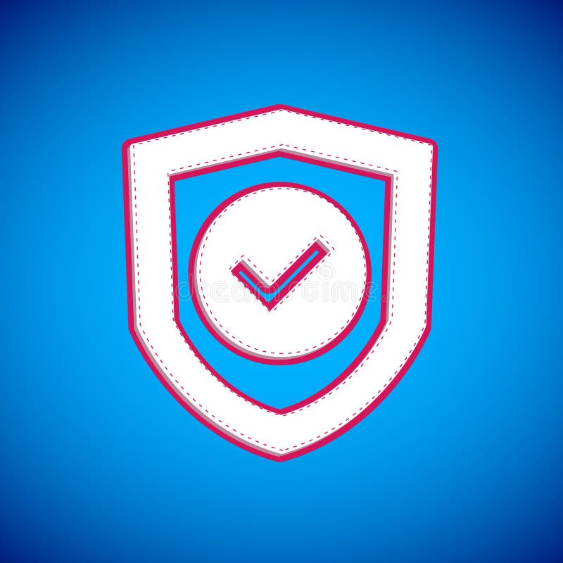 White Shield with Check Mark Icon Isolated on Blue Background ...