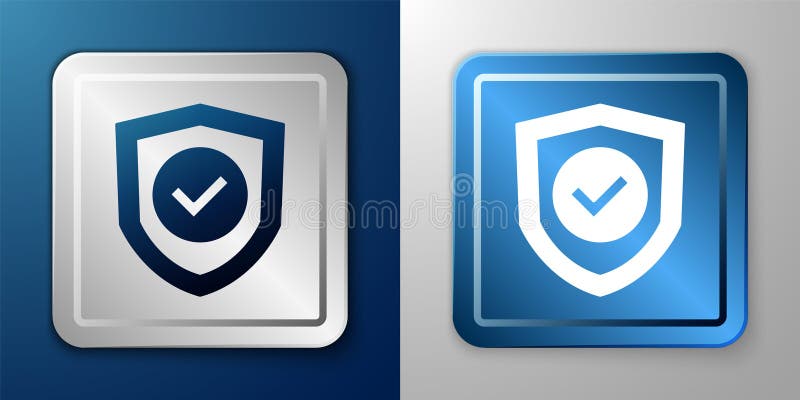 White Shield with Check Mark Icon Isolated on Blue and Grey Background ...