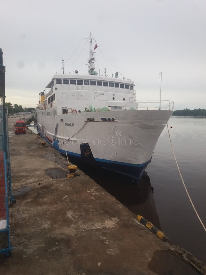 White Ship Anchored on the River Kalimantan with Car Red Editorial ...