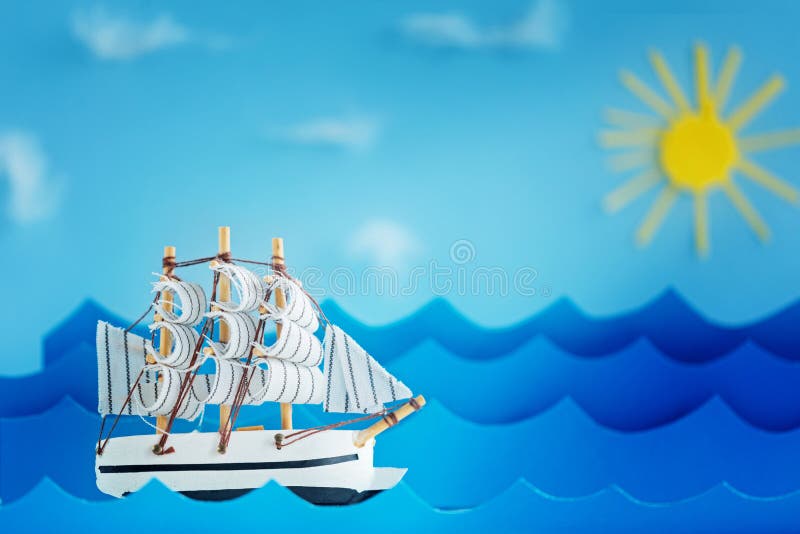 White Ship on Blue Wave with Paper and Sun. Travel and Adventure ...
