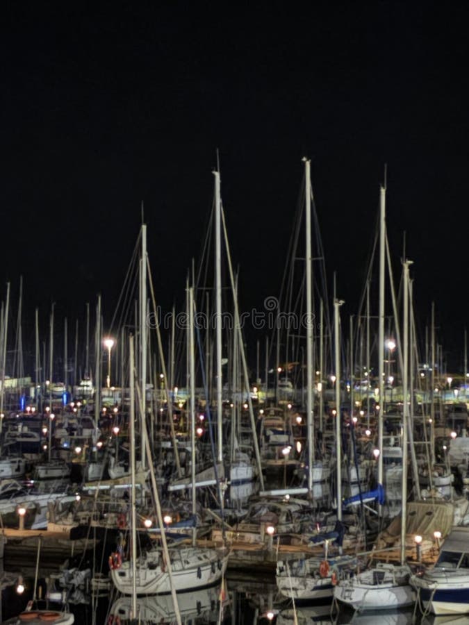 White Ship Masts at Night in the Port of Valencia Stock Photo - Image ...